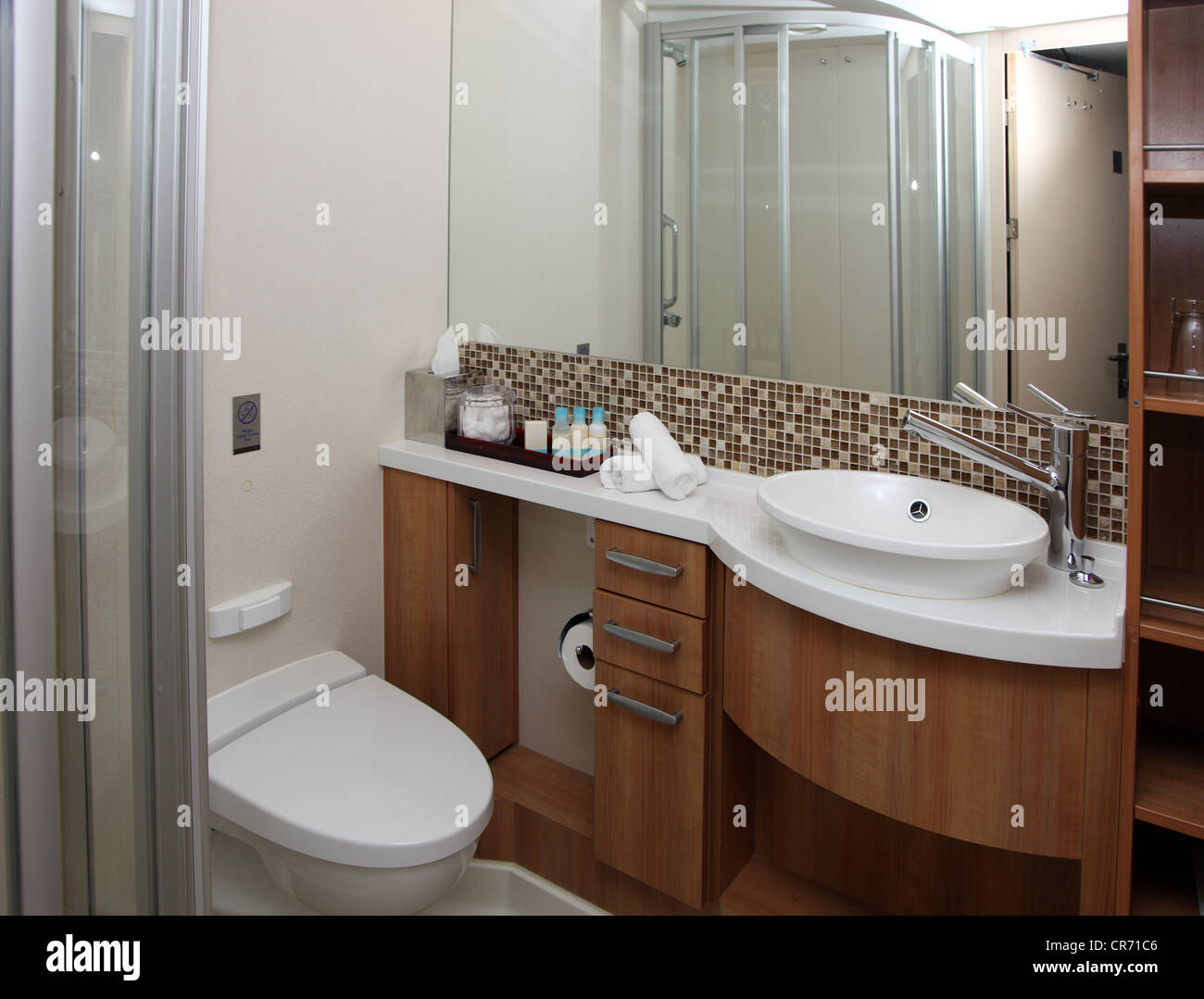 Stateroom shower room on Celebrity Solstice cruise liner docked at ...