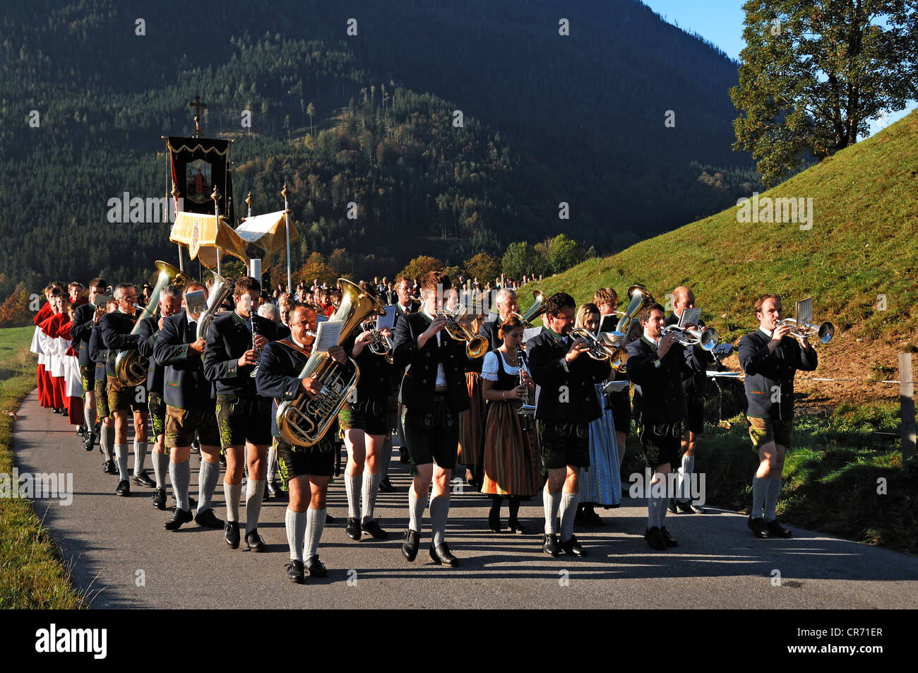 Marching band during the Thanksgiving procession in Ramsau, Upper ...