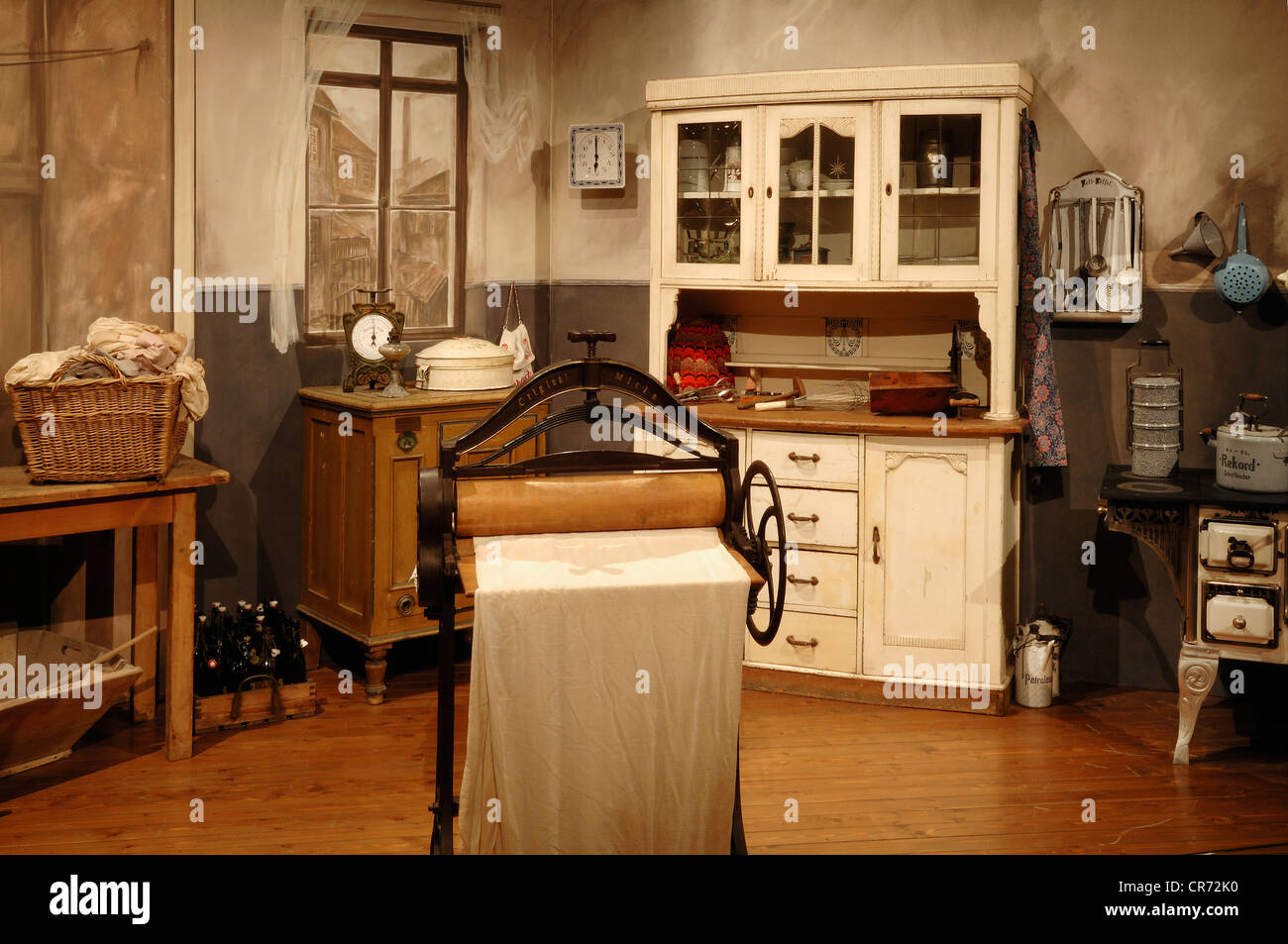 Kitchen from 1900, an original Miele mangle or wringer in front, Museum ...