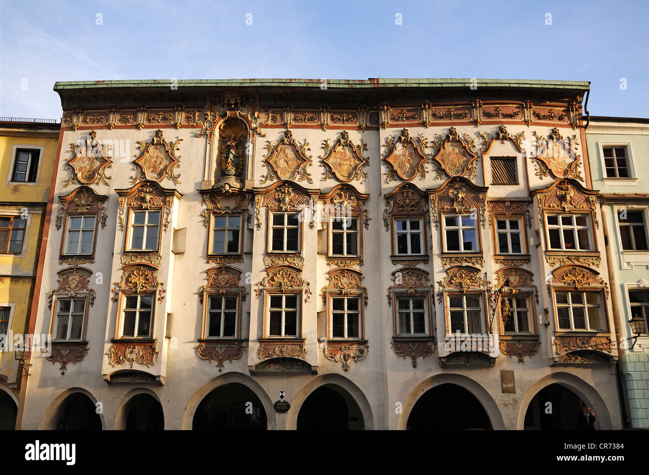 Rococo facade of the Kernhaus building, 1738, Marienplatz square ...