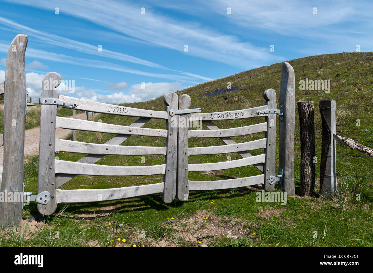 Wooden carved gates on Llanddwyn Island Anglesey North Wales Stock ...