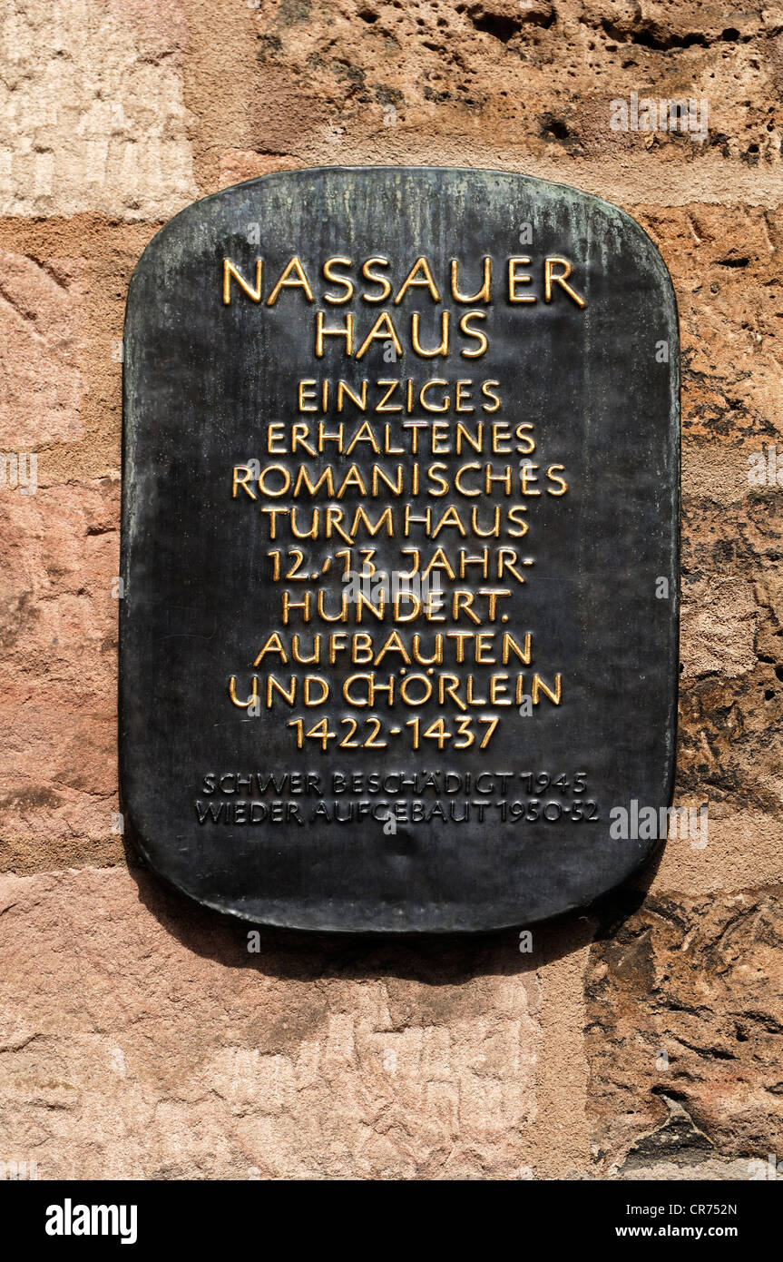 Information panel on the Nassauer Haus, a medieval residential tower ...