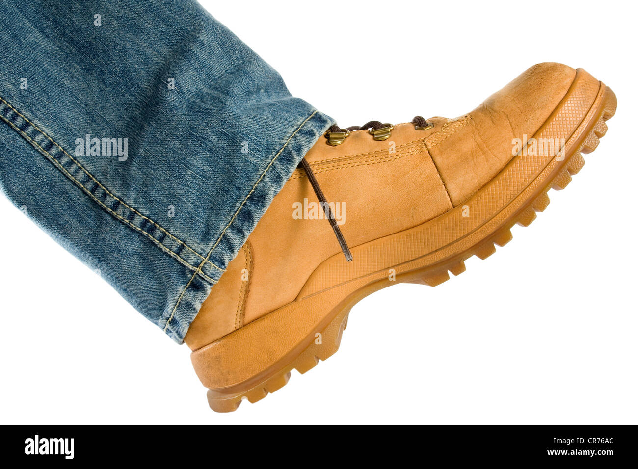 Male foot in brown shoe walking on white background Stock Photo - Alamy