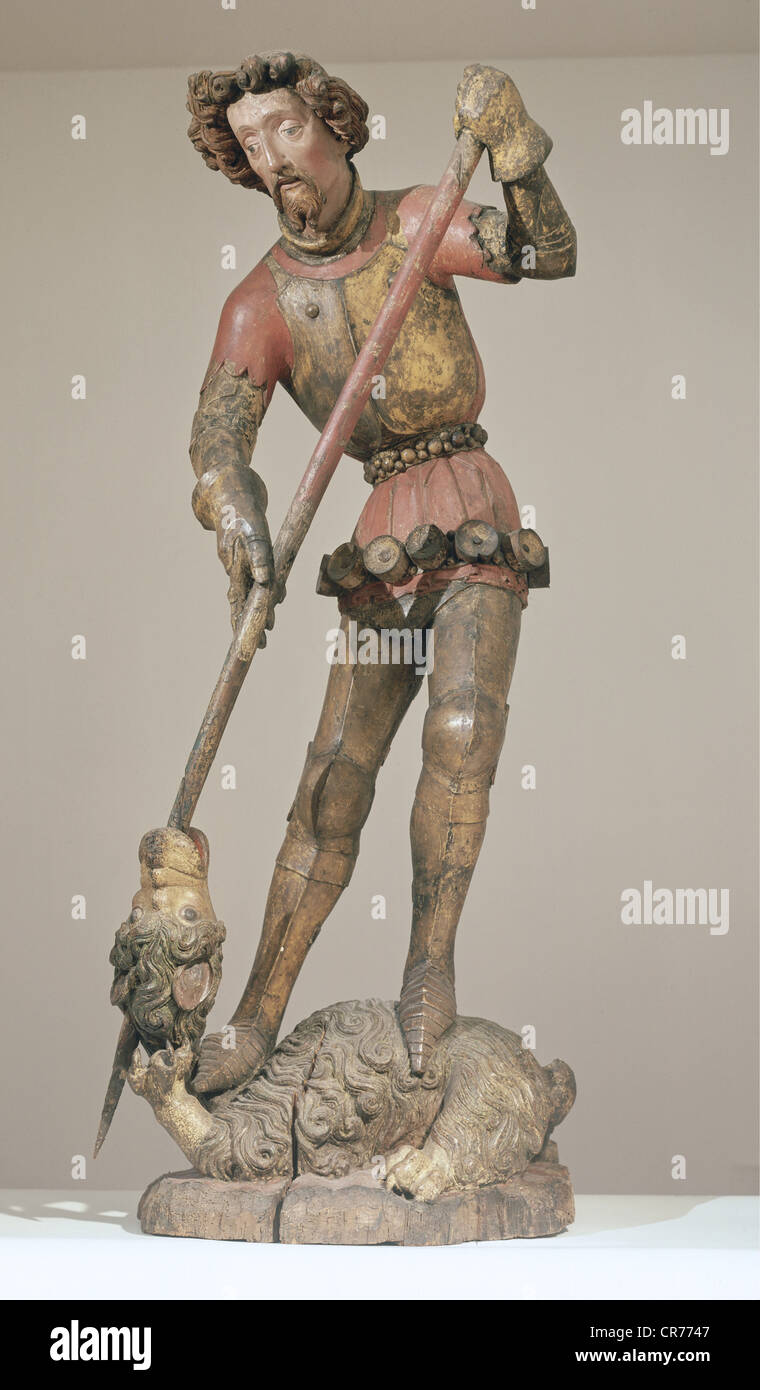Saint George, circa 305 AD, full length, sculpture, lime wood, coloured ...
