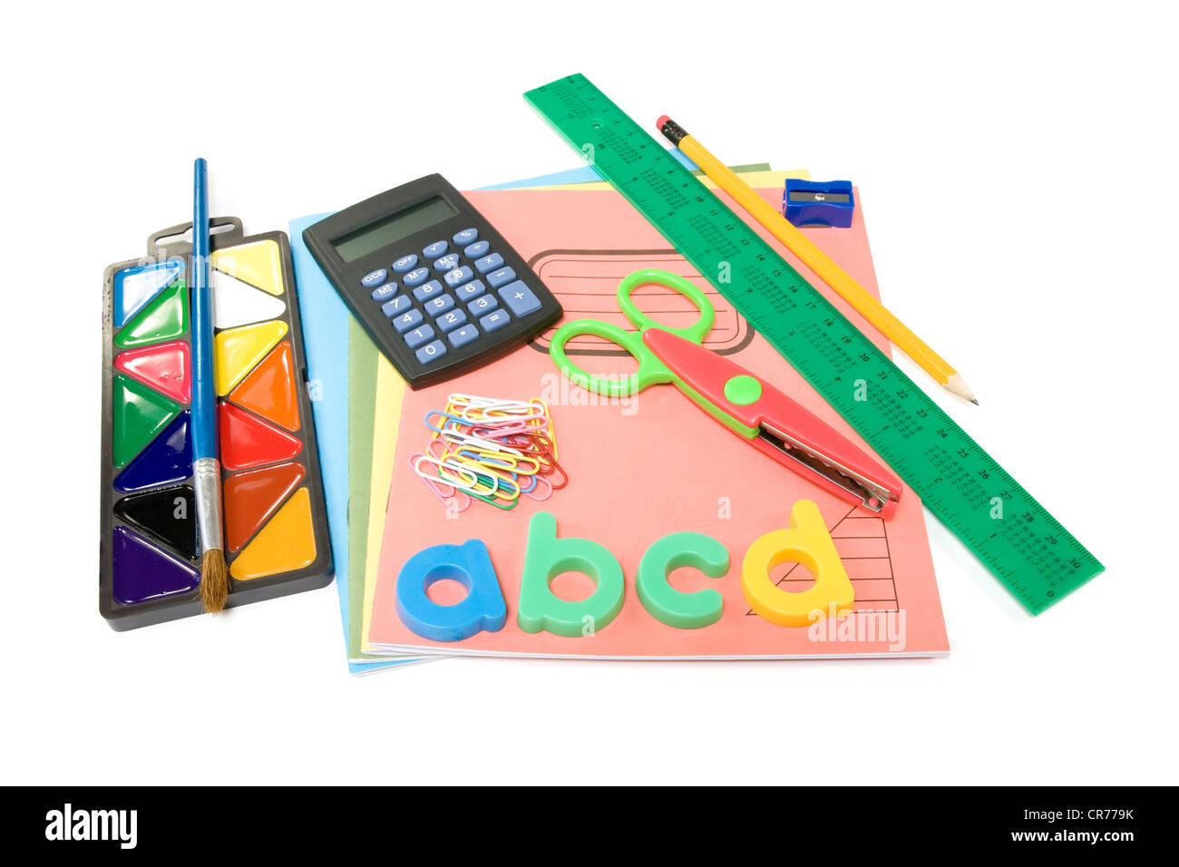 collection of school stuff isolated on white background Stock Photo - Alamy