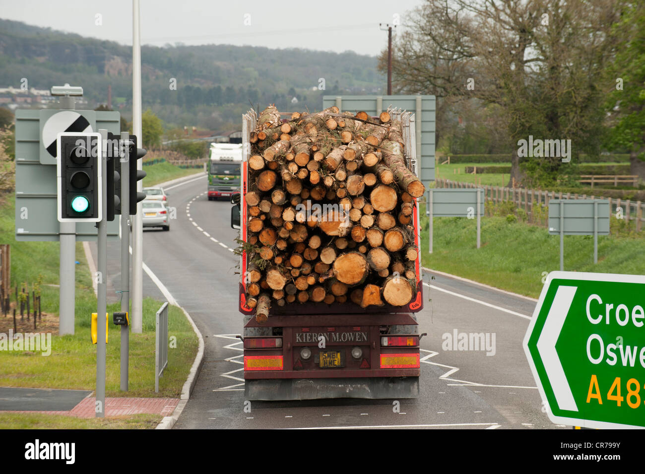 A lorry load of cut timber on the route of the A487 Four Crosses bypass ...