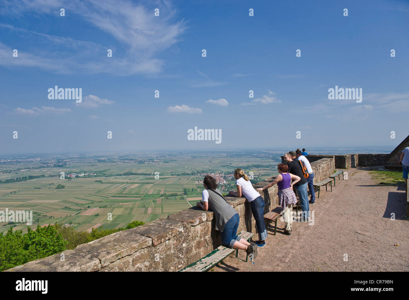 Tourists, Madenburg castle ruins overlooking the Rhine valley, Eschbach ...