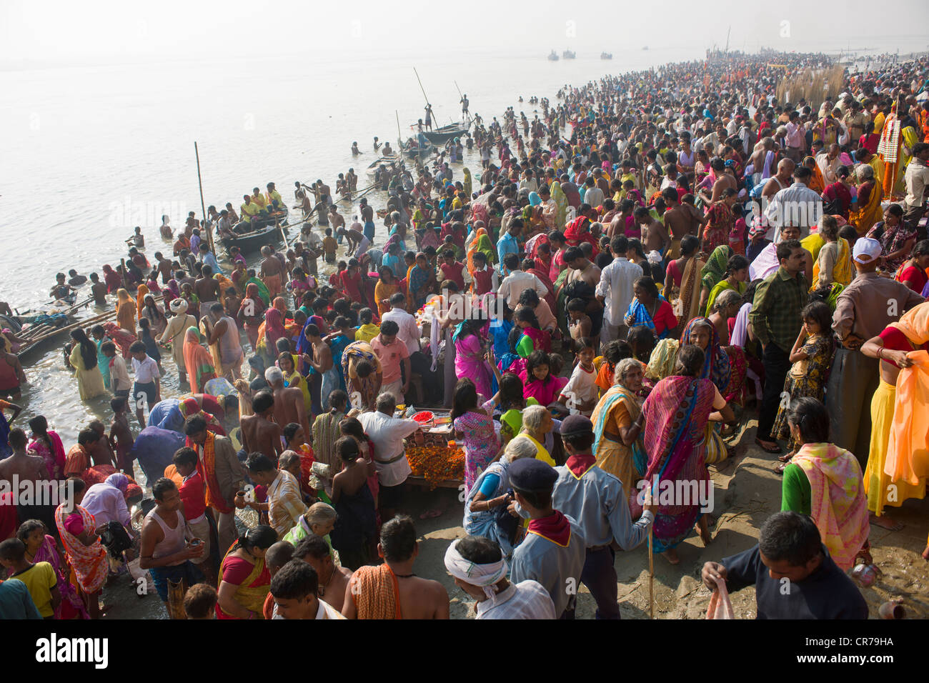 Pilgrims bathing at the confluence of the Rivers Ganges and Gandak ...