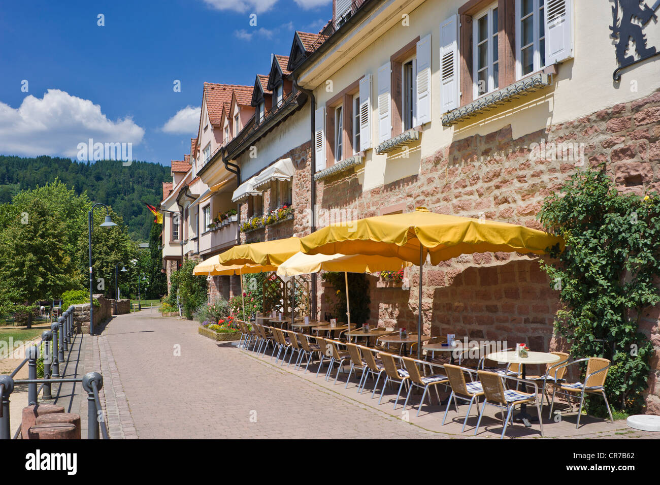 Houses on the city wall, Eberbach am Neckar, Baden-Wuerttemberg ...