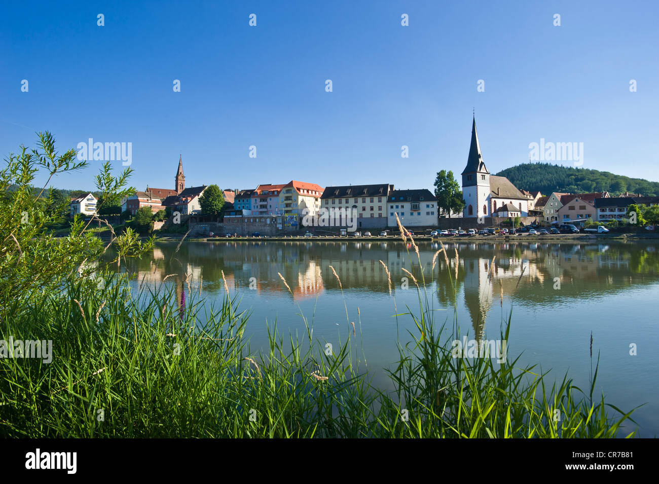 Old town and Neckar river at the Elsenz estuary, Neckargemuend, Baden ...