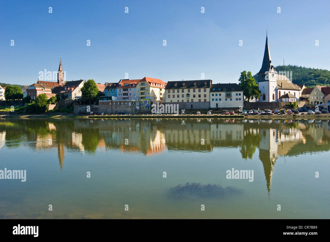 Old town and Neckar river at the Elsenz estuary, Neckargemuend, Baden ...