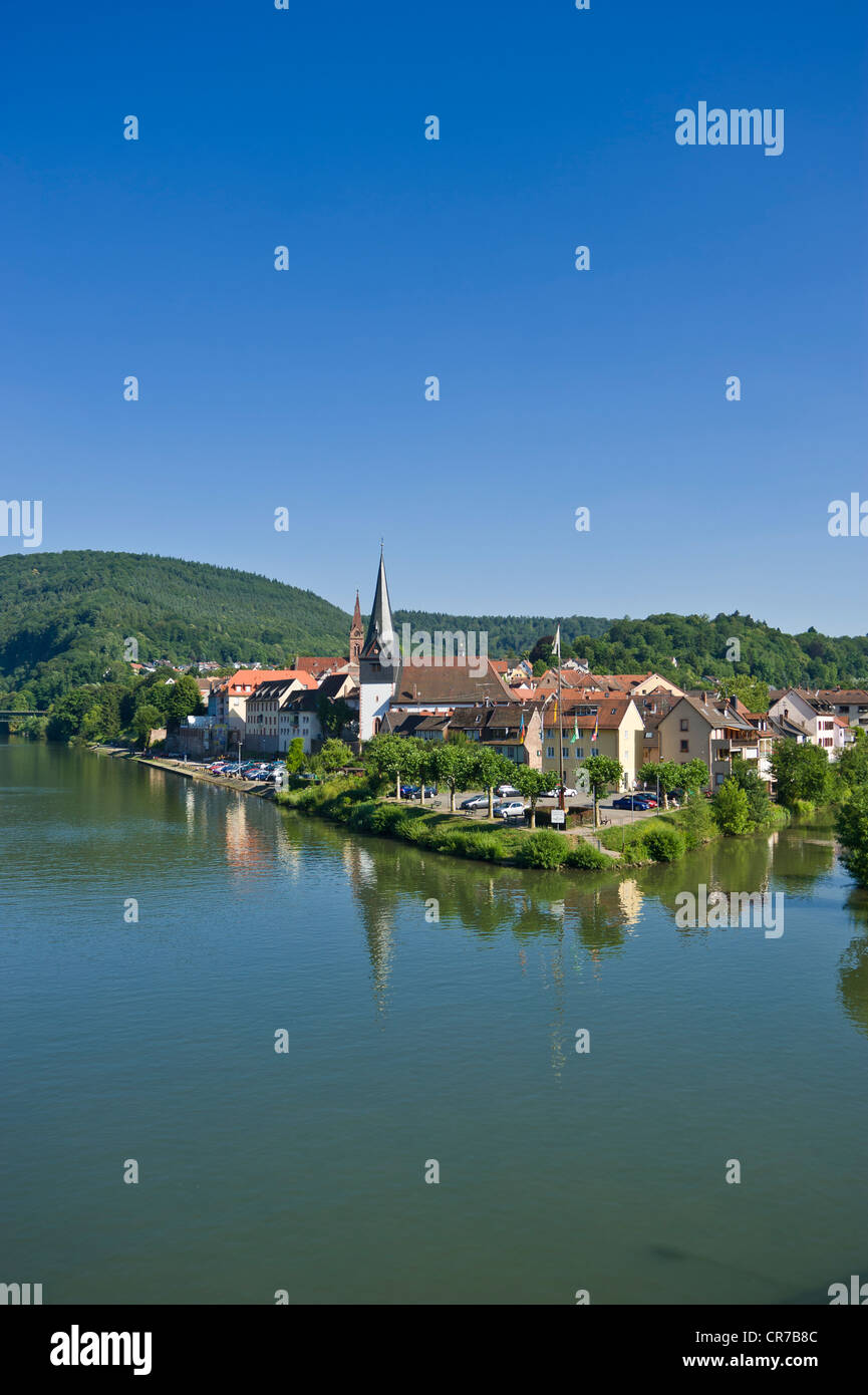Old town and Neckar river at the Elsenz estuary, Neckargemuend, Baden ...