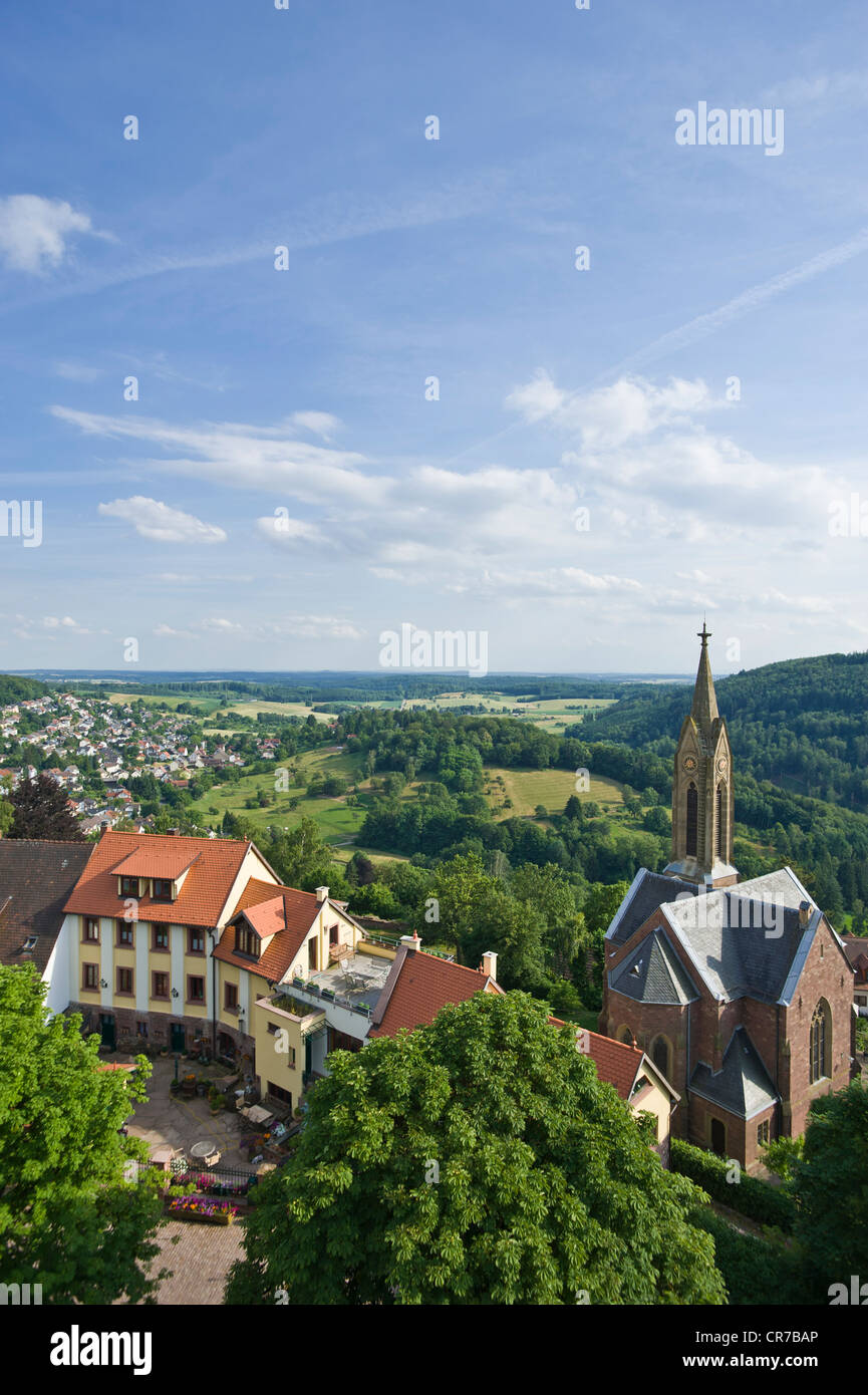 View from Bergfeste Dilsberg castle with the Protestant church ...