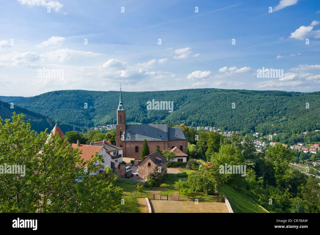 View from Bergfeste Dilsberg castle with the Catholic church of Sankt ...