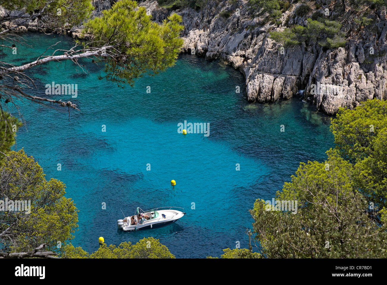 France, Bouches du Rhone, Cassis, Calanque (creek), boat (Calanques ...