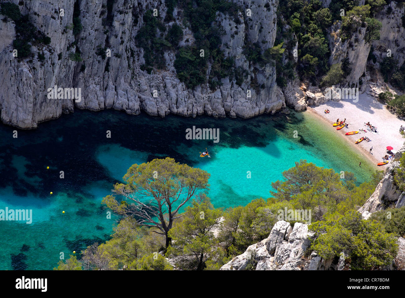 France, Bouches du Rhone, Cassis, Calanque (creek), boat (Calanques ...