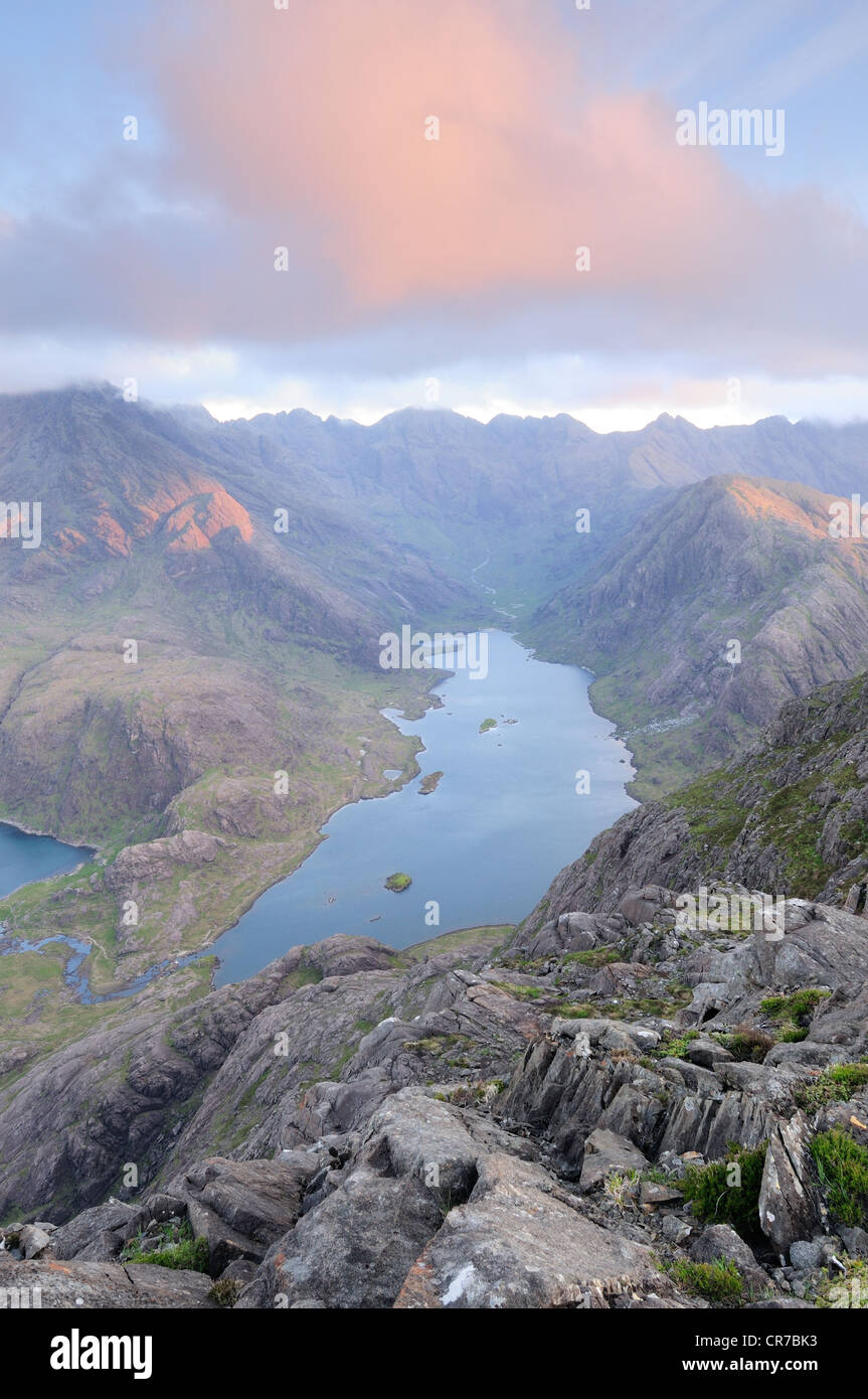 Pink clouds over Loch Coruisk at sunrise, taken from the summit of ...