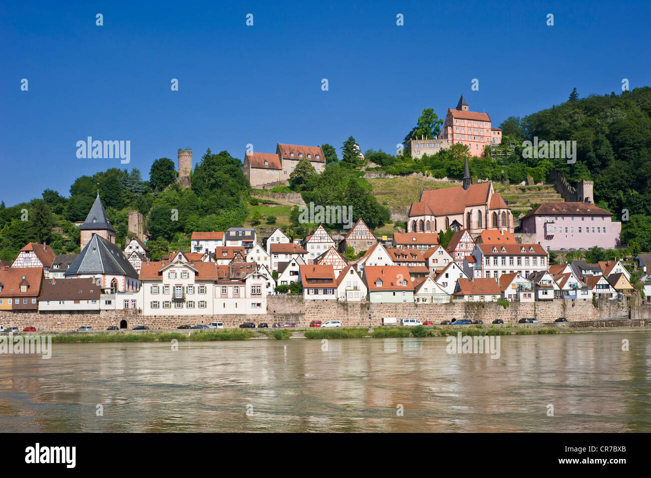 Cityscape with the Neckar River, Hirschhorn, Neckartal-Odenwald Nature ...