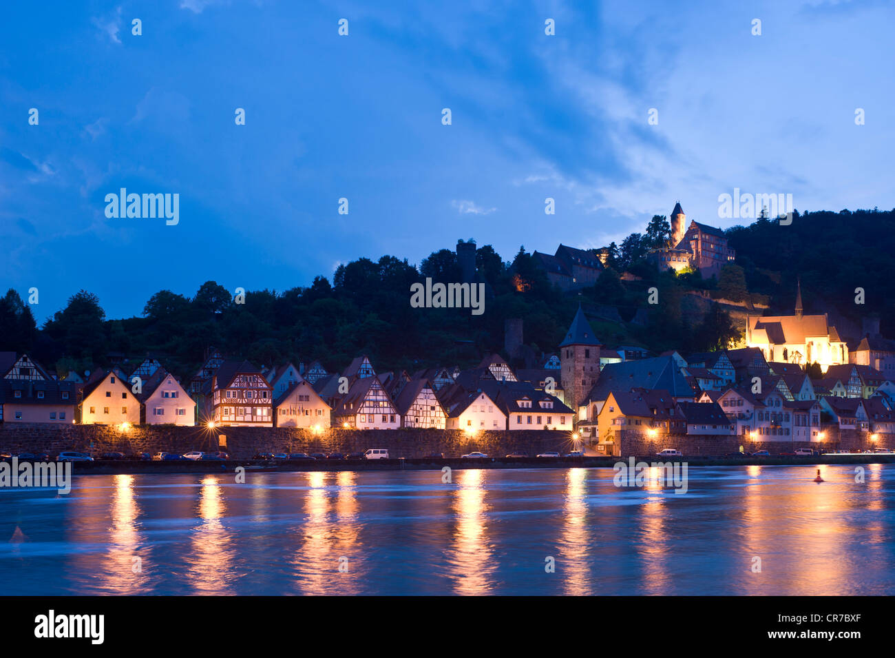 Cityscape with the Neckar River, Hirschhorn, Neckartal-Odenwald Nature ...
