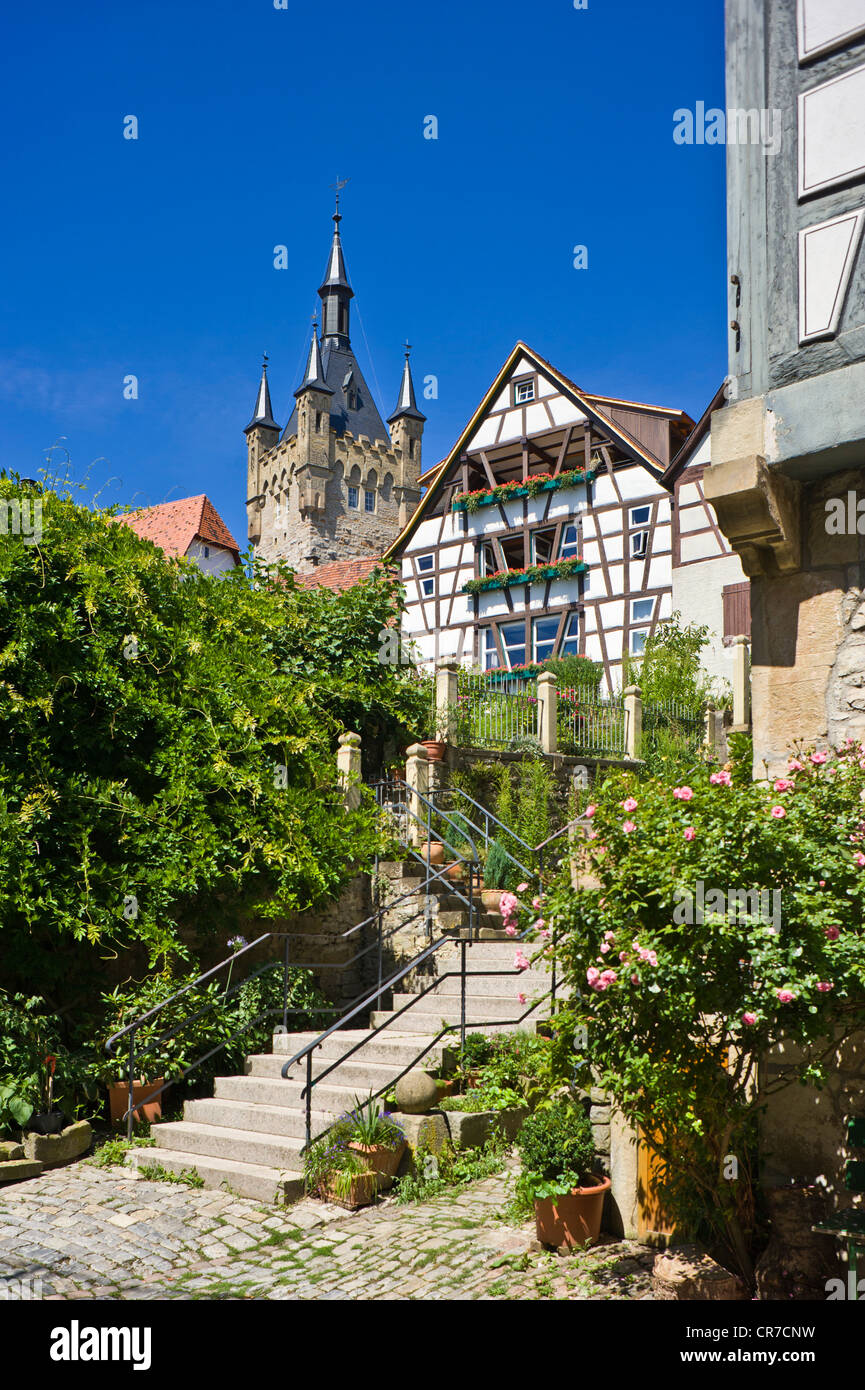 Street in the historic town centre with Blue Tower, Bad Wimpfen ...