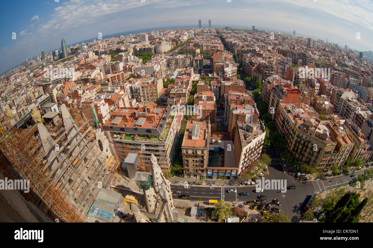 Aerial view from the towers of Sagrada Familia over Barcelona ...