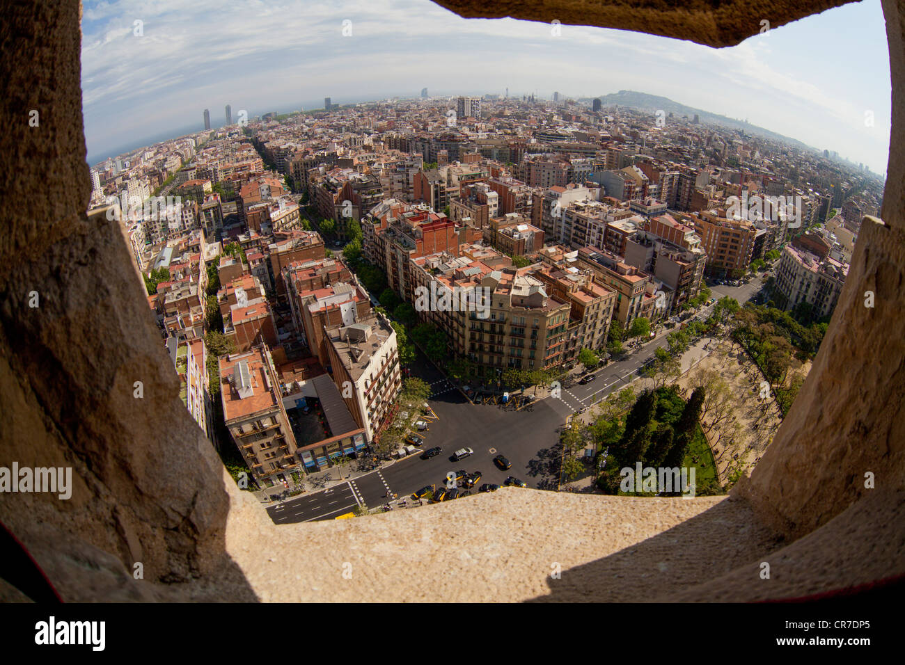 Aerial view from the towers of Sagrada Familia over Barcelona ...