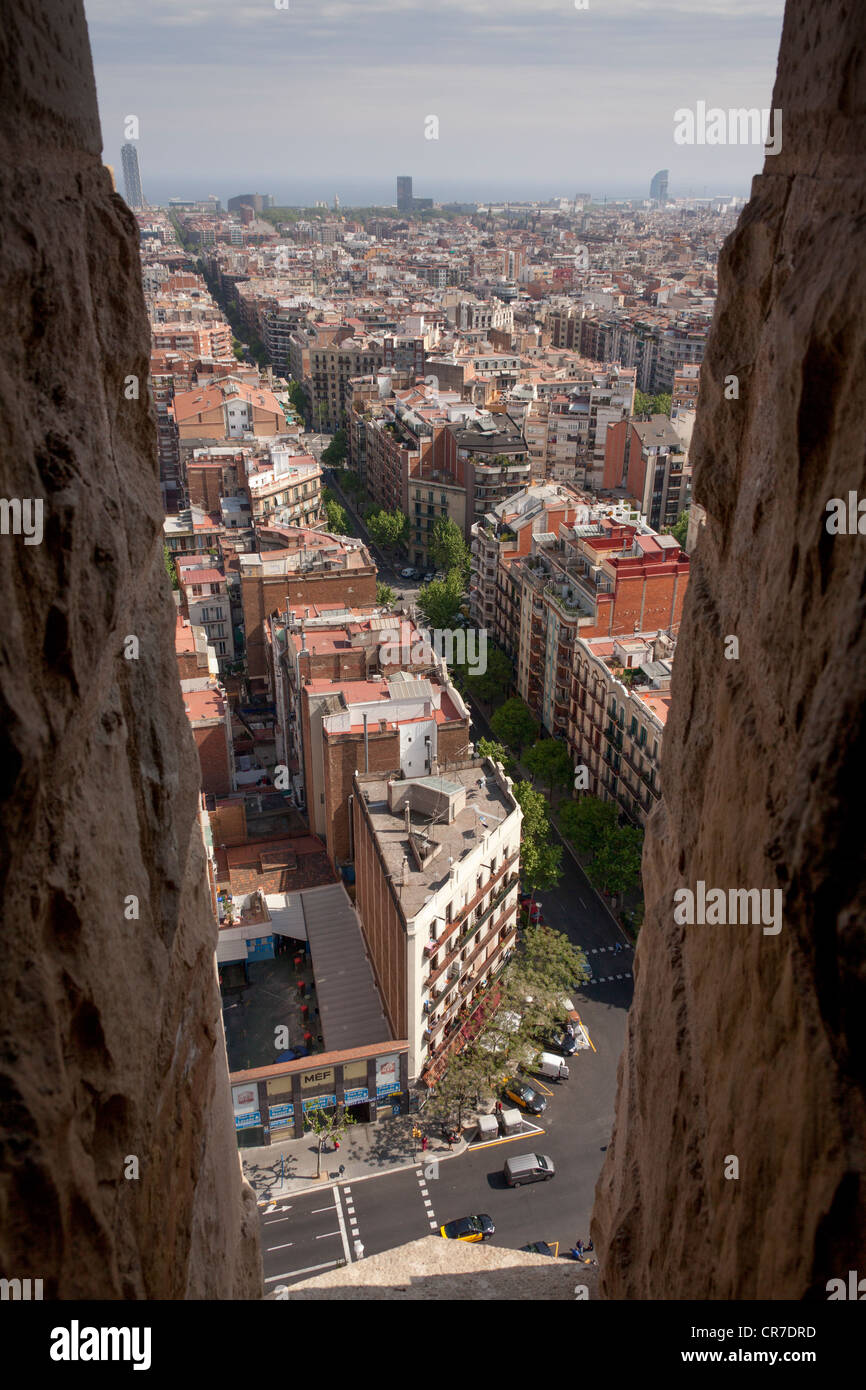 Aerial view from the towers of Sagrada Familia over Barcelona ...