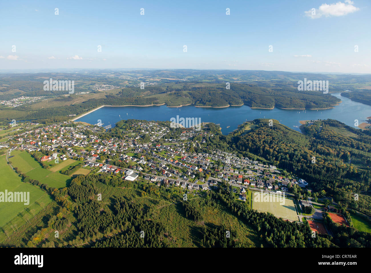 Aerial view, Sorpesee Lake, Sundern, Langscheid, Sauerland region ...