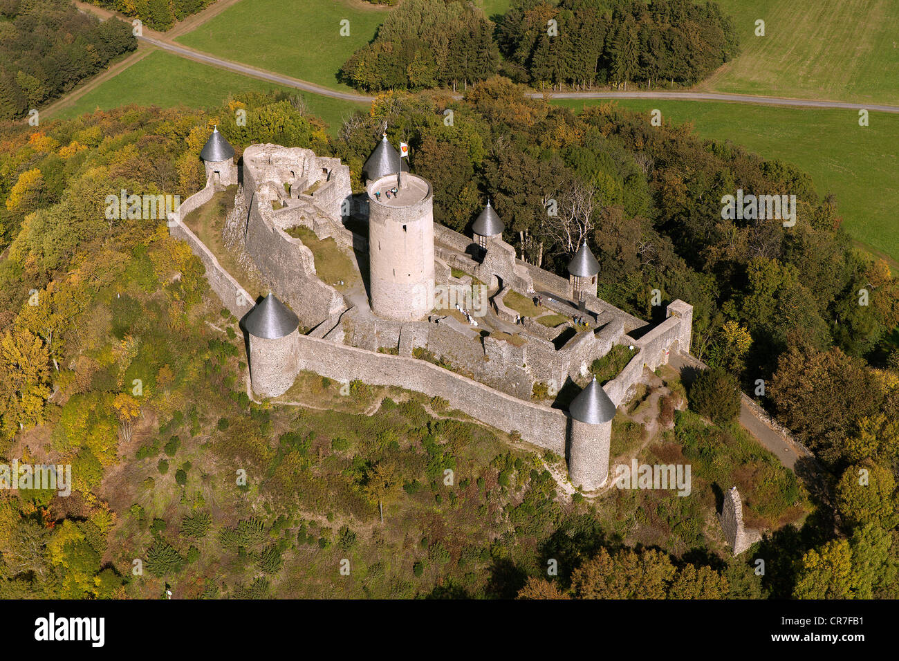 Aerial view, Nuerburg castle ruin, Nuerburg, Eifel mountain range ...