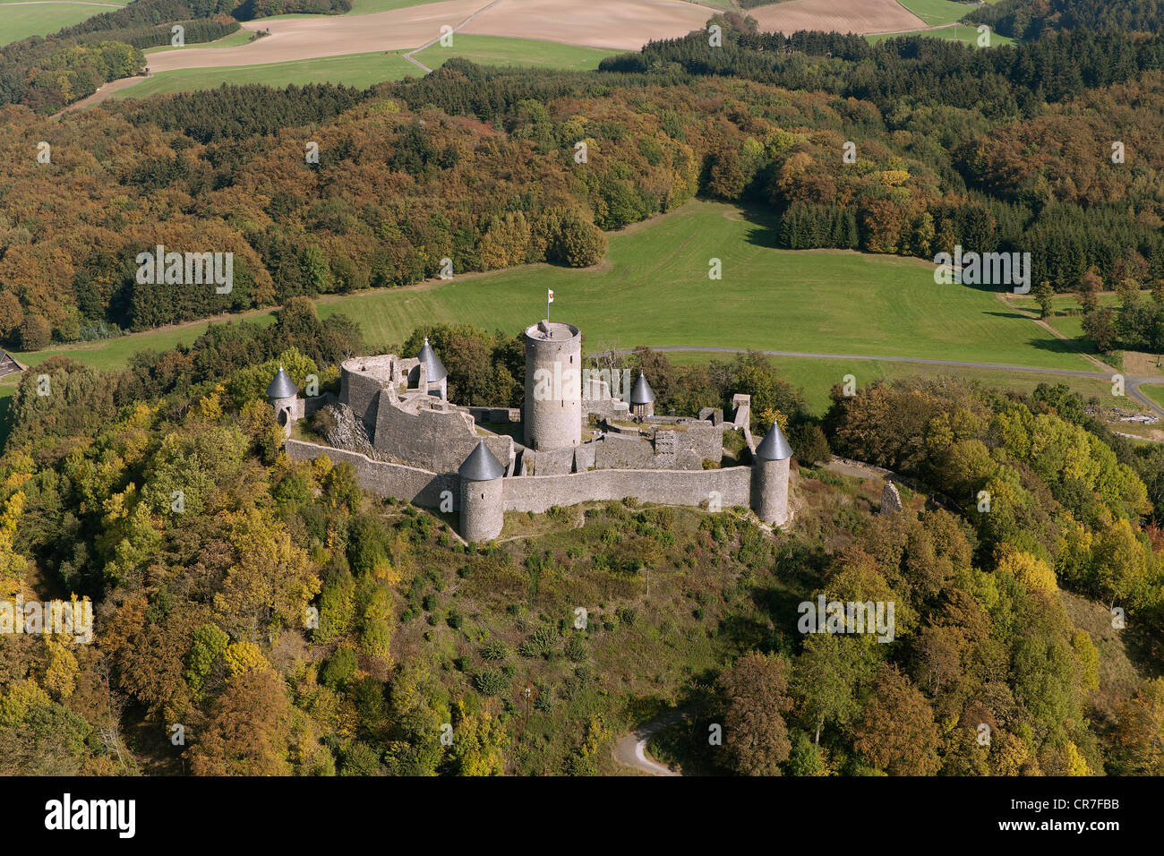 Aerial view, Nuerburg castle ruin, Nuerburg, Eifel mountain range ...