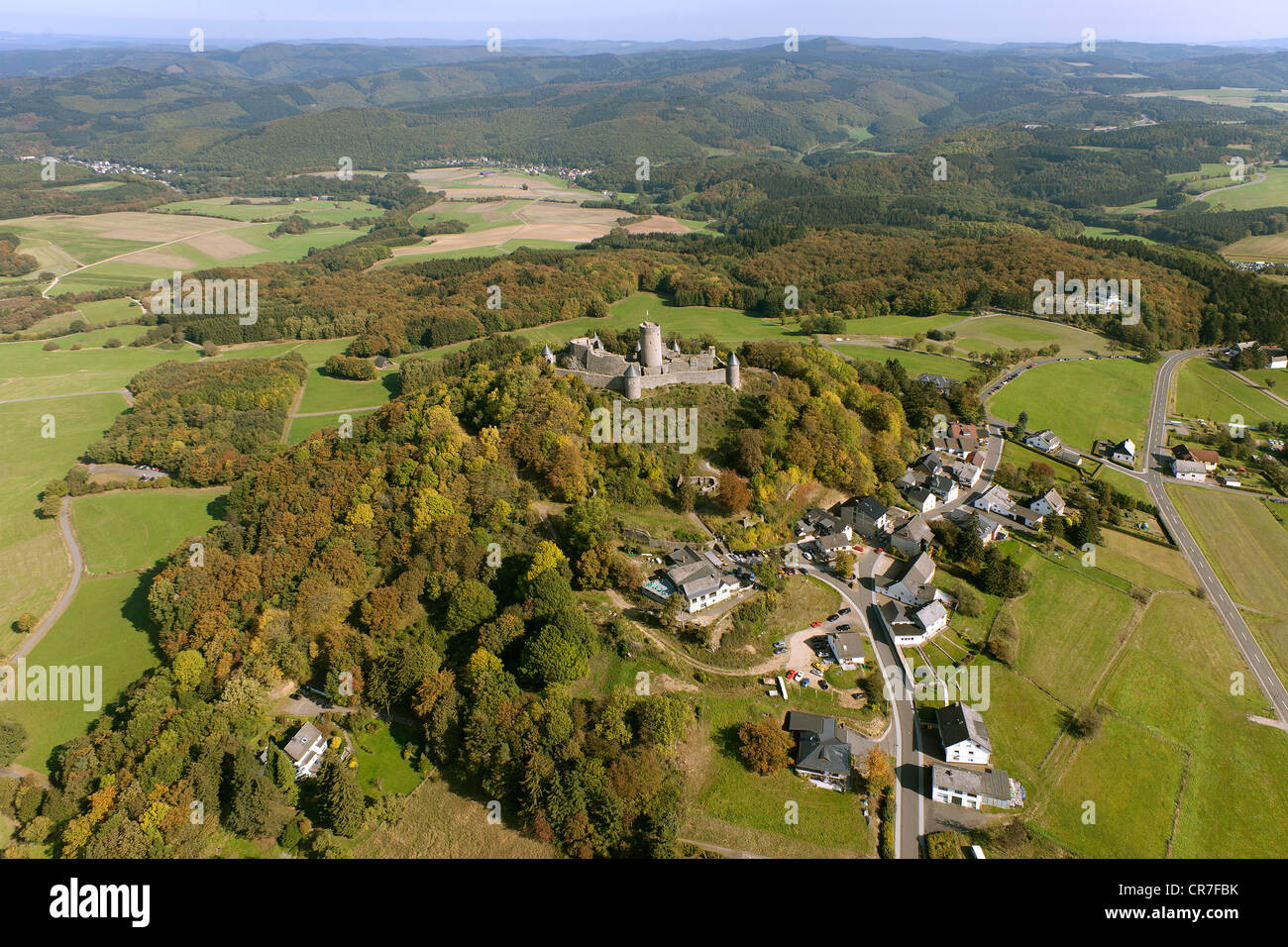 Aerial view, Nuerburg castle ruin, Nuerburg, Eifel mountain range ...