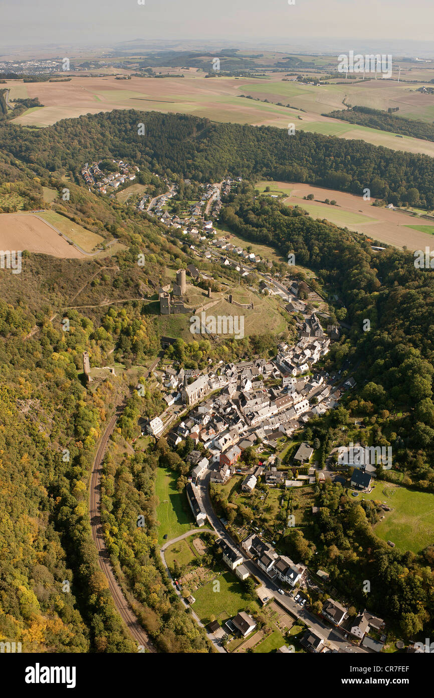 Aerial view, Loewenburg castle ruin, Monreal, Eifel mountain range ...