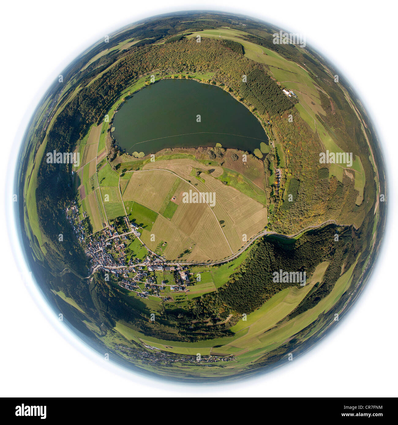 Aerial view, taken with a fisheye lens, Manderscheid, Maar, volcanic ...