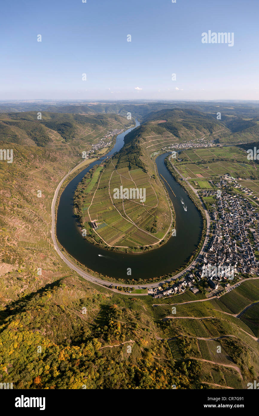 Aerial view, loop of the Moselle River near Bremm, Bremm, Eifel ...