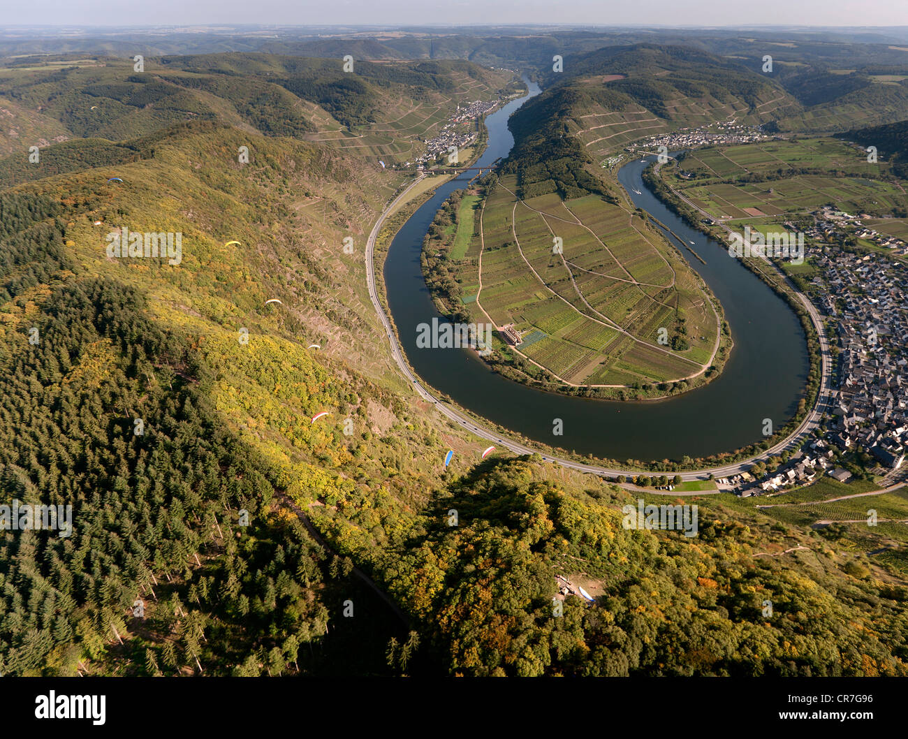 Aerial view, loop of the Moselle River near Bremm, Cochem-Zell, Eifel ...