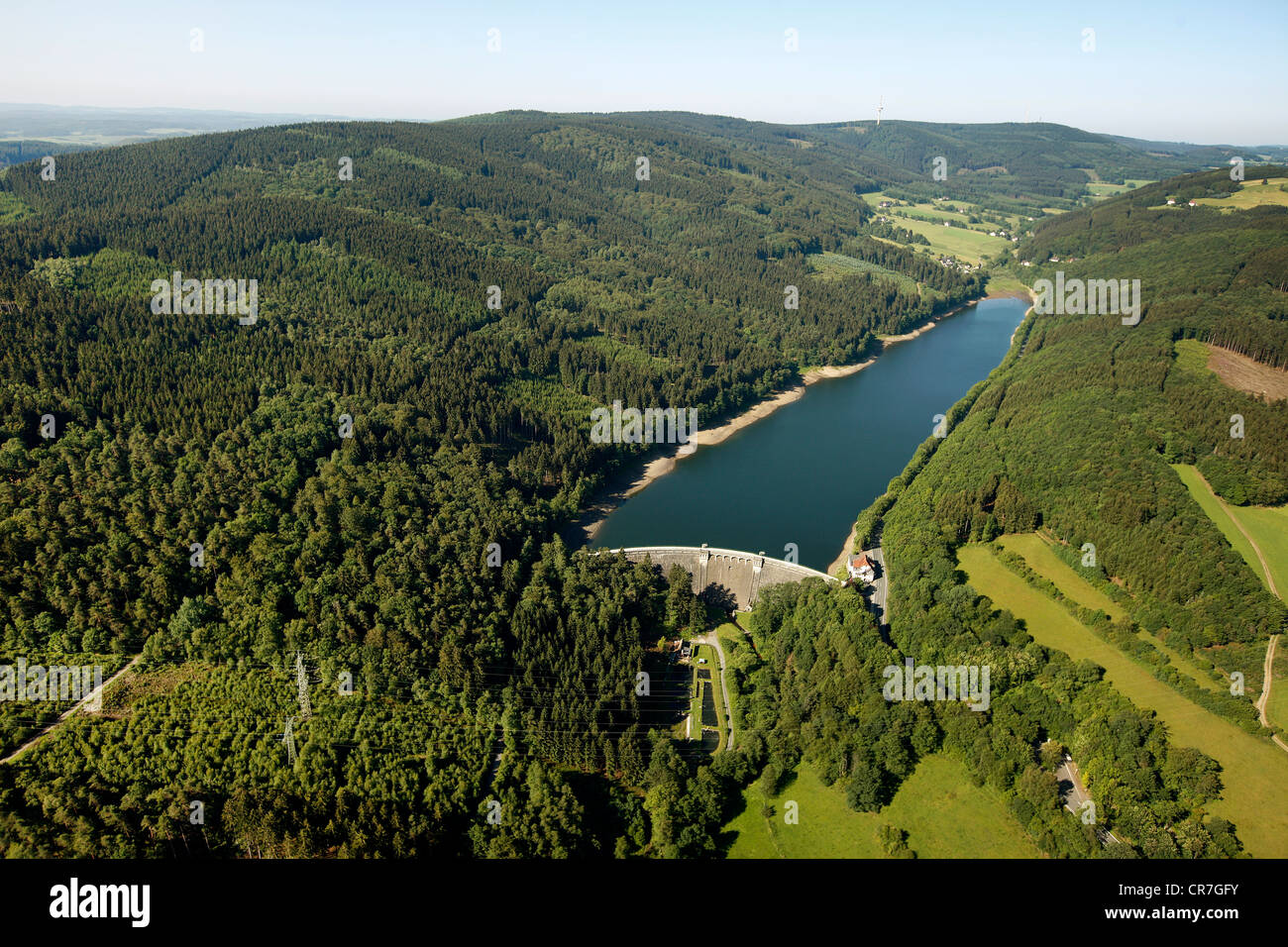 Aerial view, Oester dam, Plettenberg, Sauerland, North Rhine-Westphalia ...