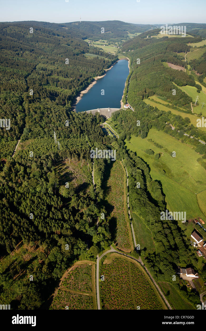 Aerial view, Oester dam, Plettenberg, Sauerland, North Rhine-Westphalia ...
