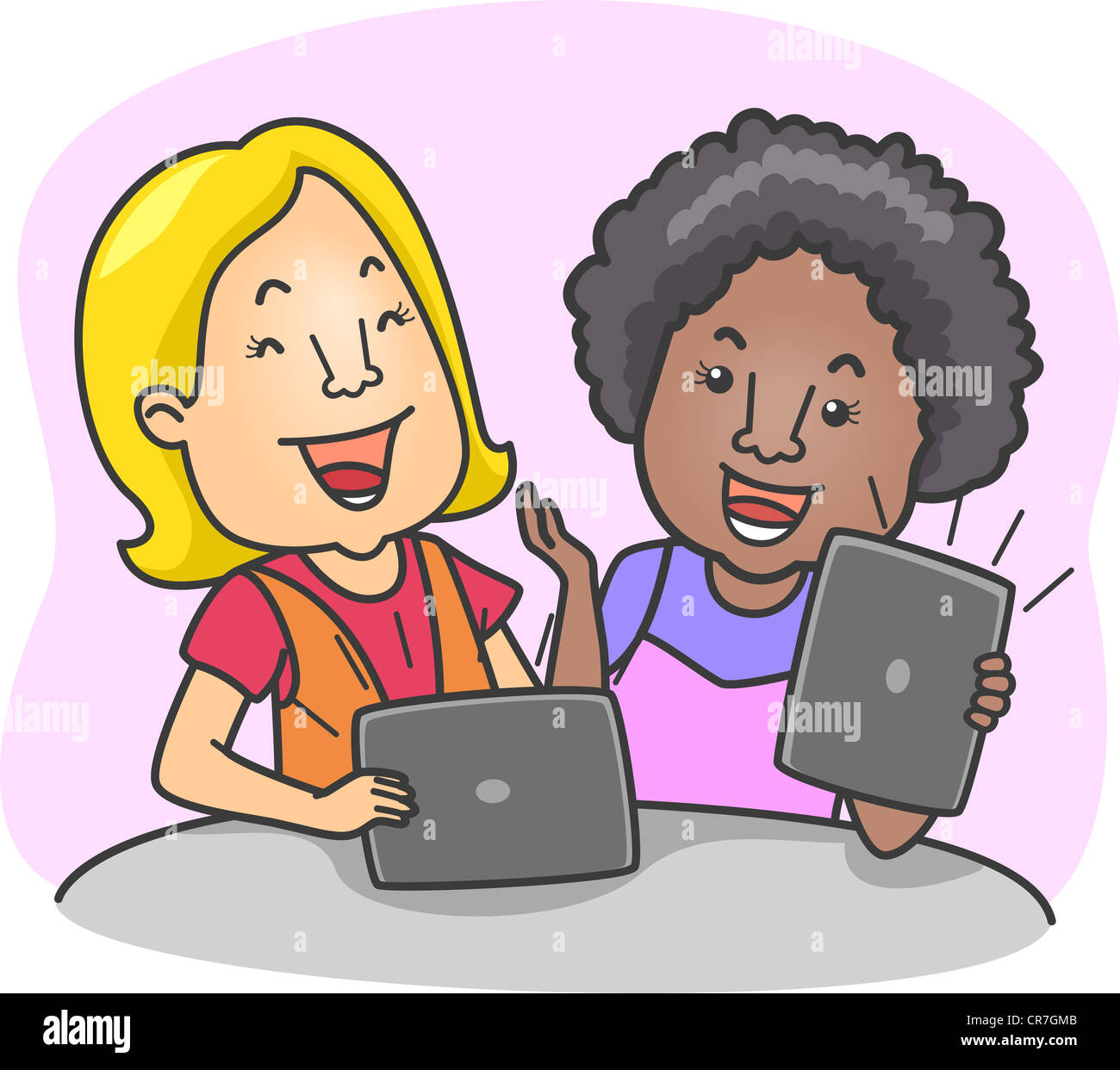Illustration of Girls Using Tablet Computers Stock Photo - Alamy