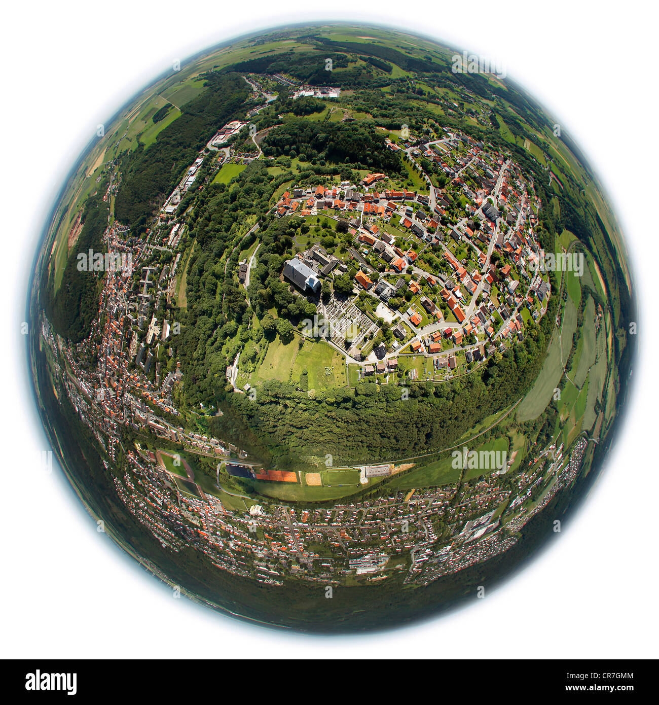 Aerial view, fisheye perspective, Nikolaikirche or St. Nicholas church ...