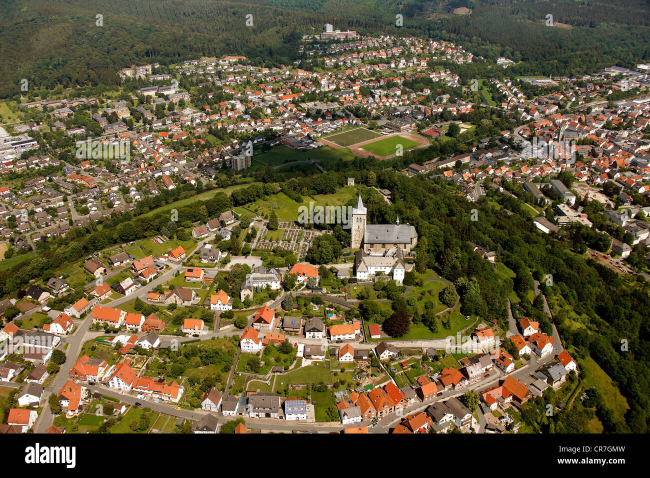 Aerial view, Nikolaikirche or St. Nicholas church in Obermarsberg ...