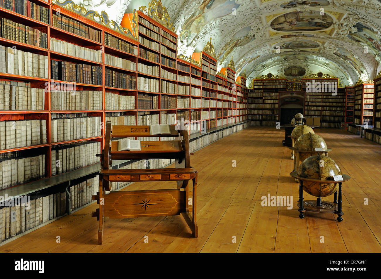 Globes and very old books, library, hall of theology, Strahov Monastery ...