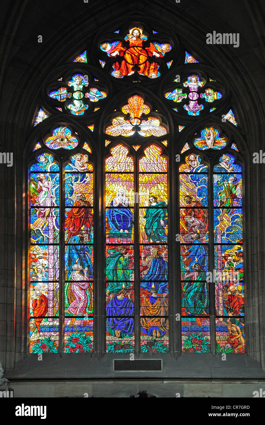 Stained glass church window, St. Vitus Cathedral, Hradčany, Prague ...