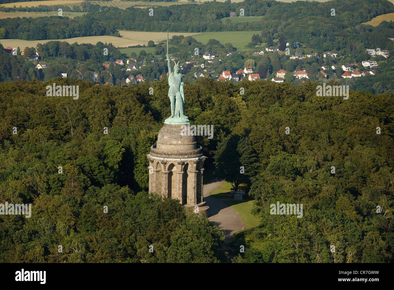 Aerial view, Hermannsdenkmal, Hermann monument, in the Teutoburg Forest ...