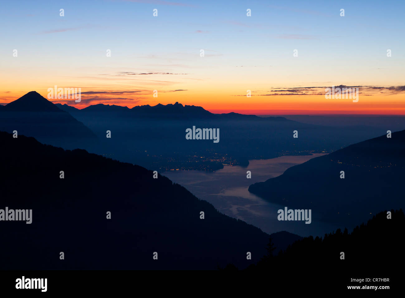 Sunset over Lake Thun, Thuner See, view from Schynige Platte mountain ...