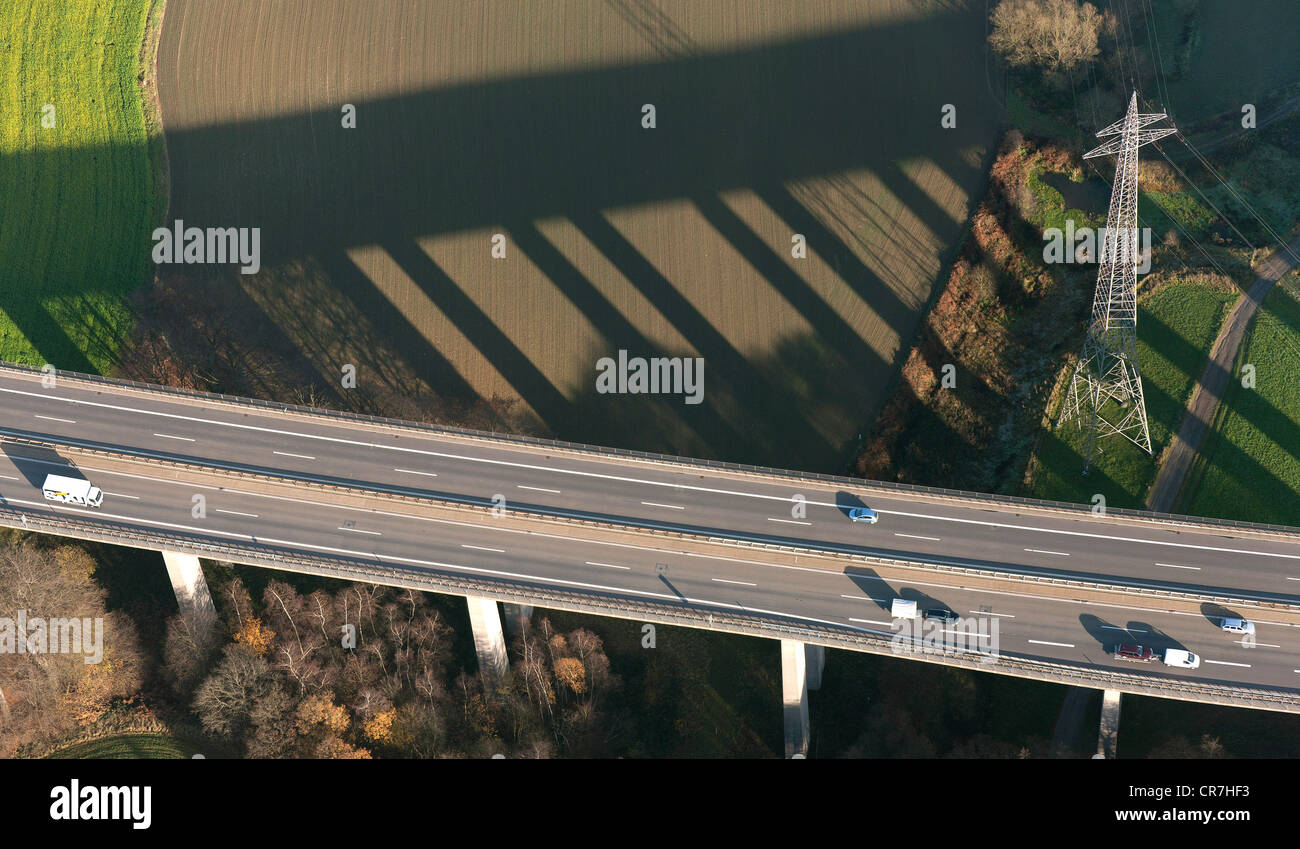 Aerial view, motorway bridge, B535, with the shadow of the bridge in ...