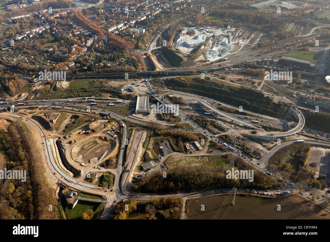 Aerial view, Autobahn A40, motorway, federal road B1, roadworks, slip ...