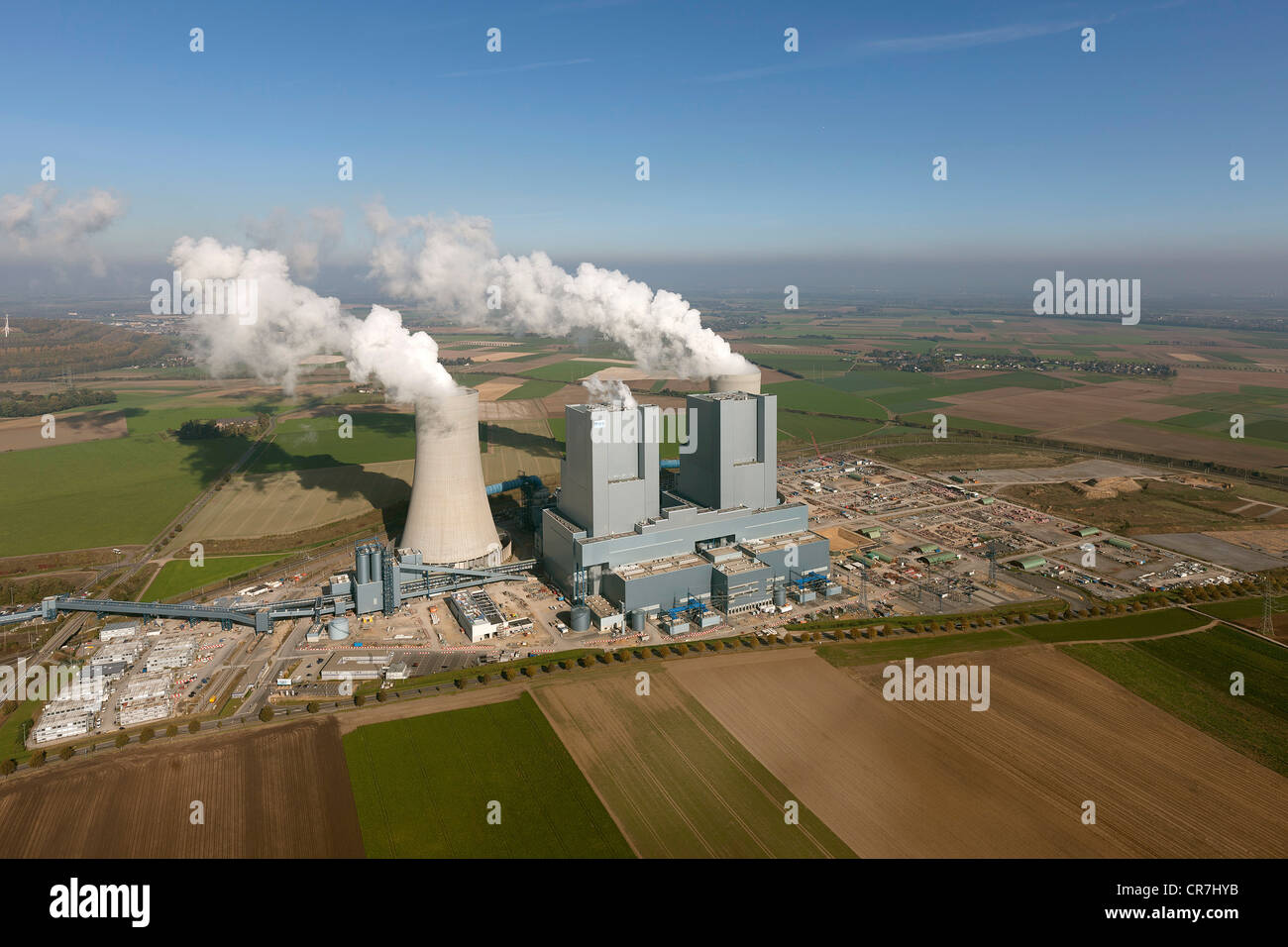 Aerial view, old and new power plants, lignite-fired power plant, RWE ...
