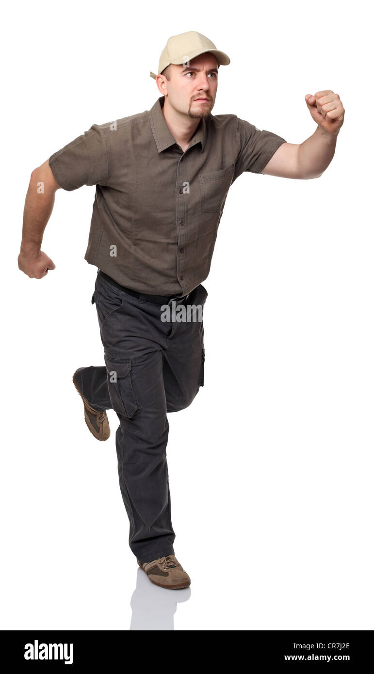 caucasian man with cup in running pose isolated Stock Photo - Alamy