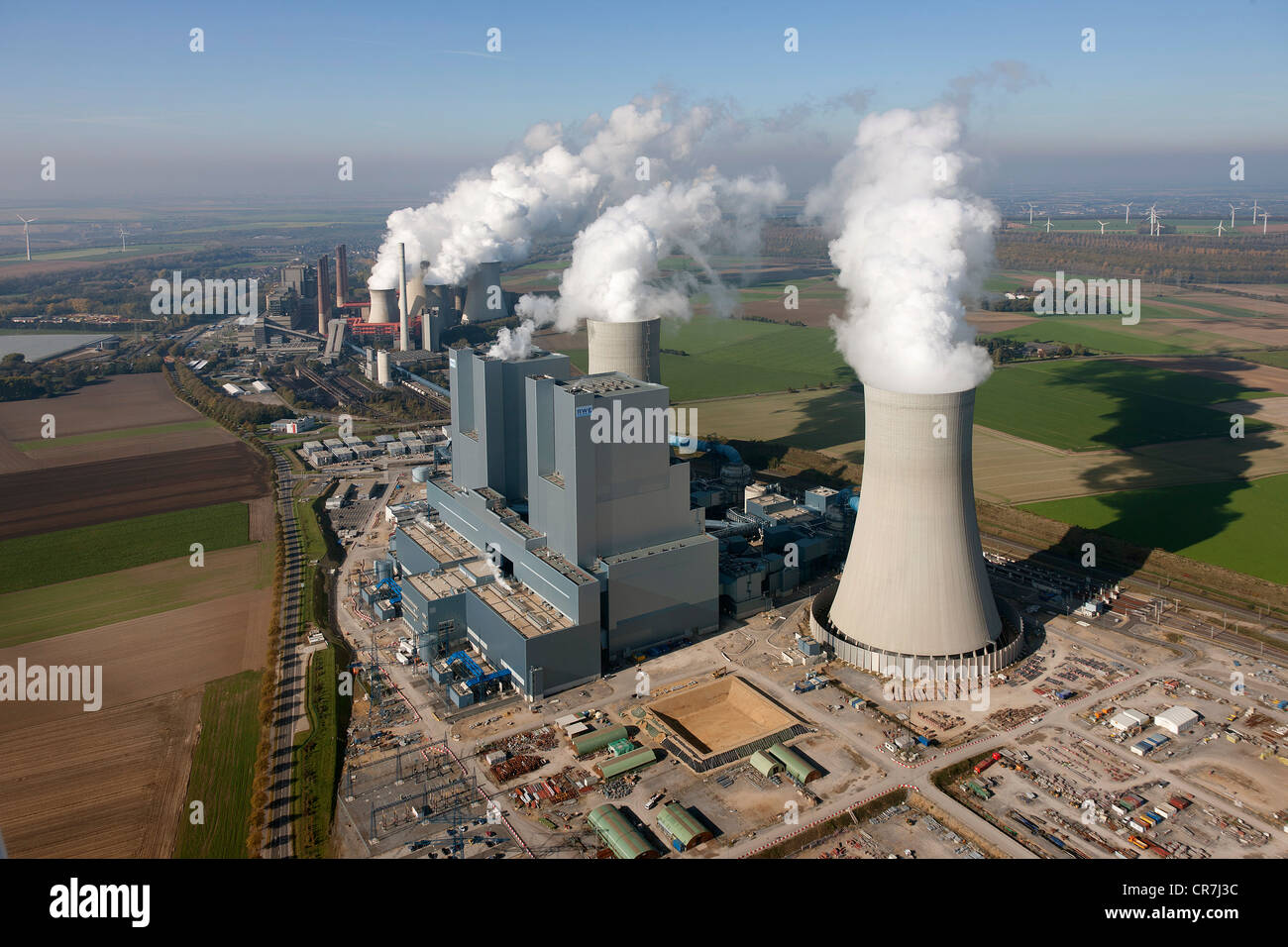 Aerial view, old and new power plants, lignite-fired power plant, RWE ...