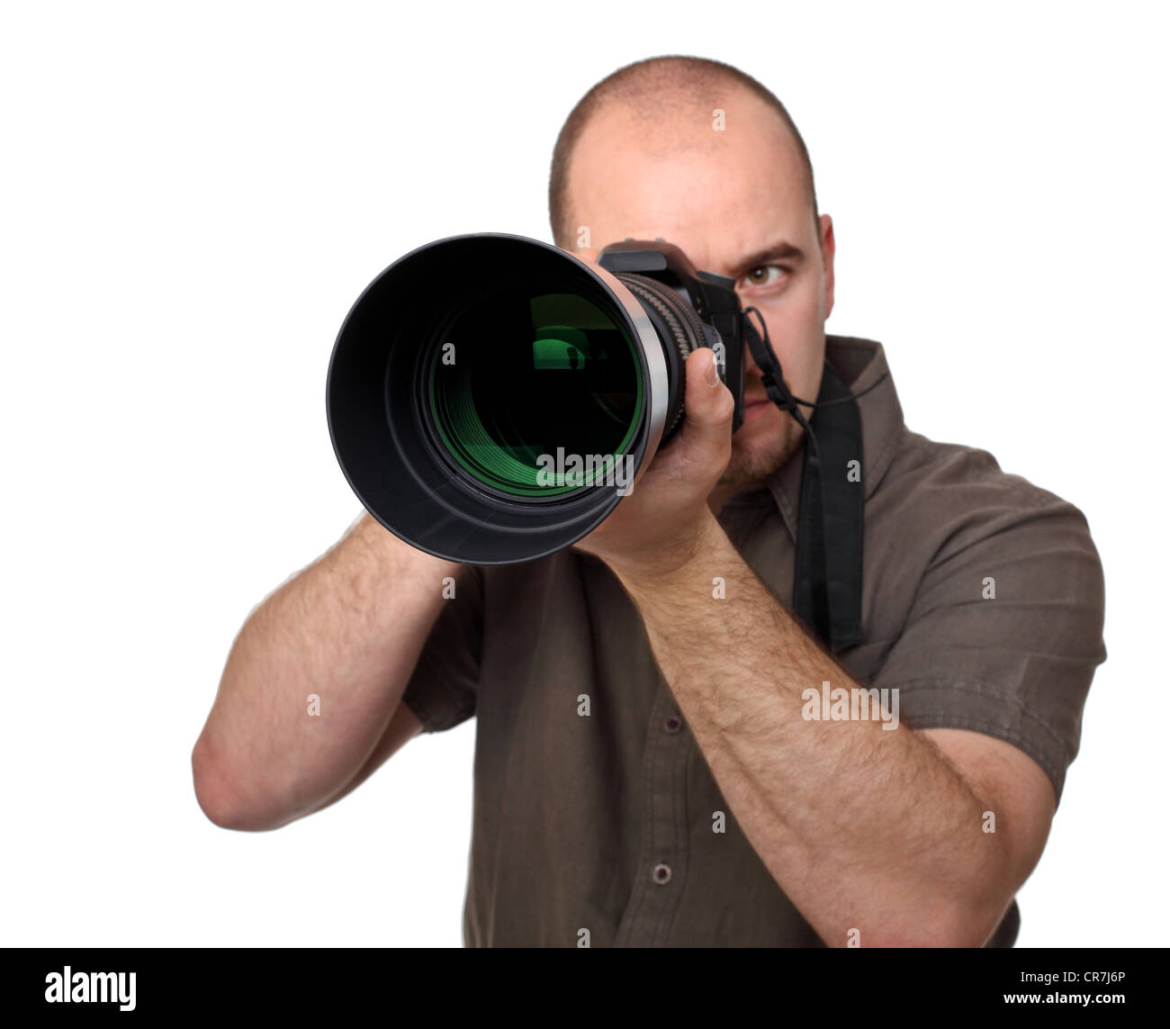 portrait of man with camera isolated on white Stock Photo - Alamy